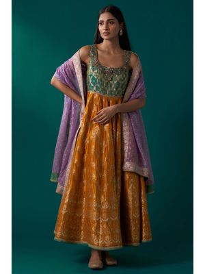 Buy Wishful Mustard Woven Anarkali Kurta with Churidar and Dupatta Online