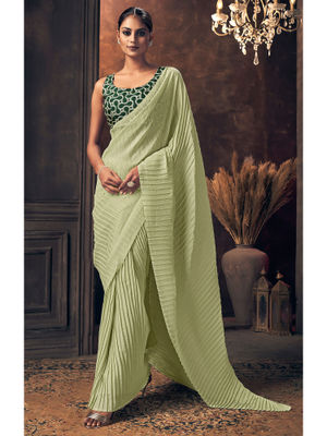 Buy Shaily Green Art Silk Solid Pleated Saree with Unstitched Blouse Online
