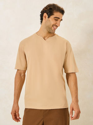 Buy Styli Mens Beige Notch Neck Detail Oversized Cotton T-Shirt online