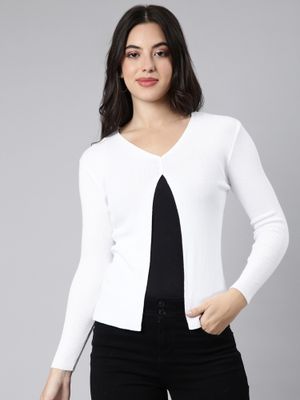 Buy SHOWOFFFF Women's Long Sleeves Solid Straight White Shrug Online