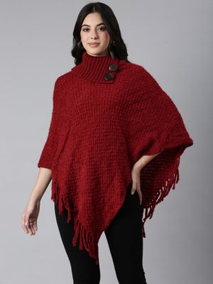 Buy SHOWOFF Women's Three-Quarter Sleeves Turtle Neck Woven Maroon ...