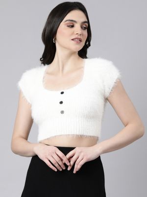 Buy SHOWOFF Women's Round Neck Textured Off White Fitted Crop Top Online