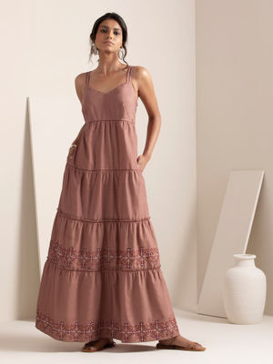 Indya Ethnic Dresses : Buy Indya Earthen Rose Pink Embroidered Tiered ...