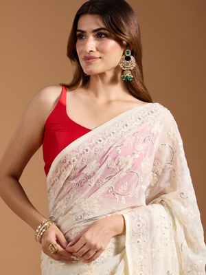 Buy Nyri Traditional Overall Embroidered & Sequinned Georgette White ...