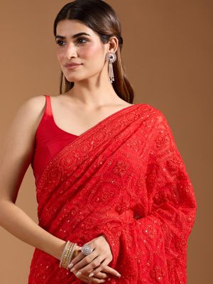 Buy Nyri Traditional Overall Embroidered & Sequinned Georgette Red ...
