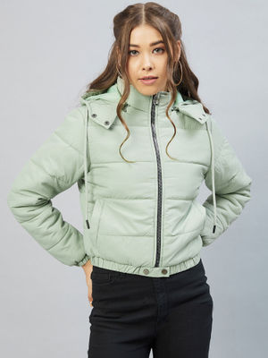 Buy RARE Women Casual Sea Green Hooded Solid Padded Jacket Online