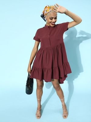 Buy KASSUALLY Attractive Maroon Solid Trapeze Dress Online