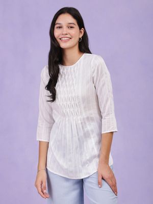 Buy Pink Fort Cotton Self Design Pintuck White Top Online