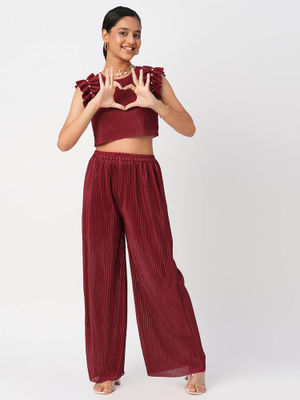 Buy Lil Drama Glam up Girls Maroon Party Top with Pant Co-ordinate (Set ...