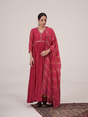 Buy Hirika & Dhruti Pink Mirror Keri Pleated Anarkali with Dupatta (Set ...