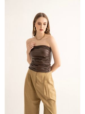 Buy TORQADORN Brown Faux Leather Gathered Tube Top Online