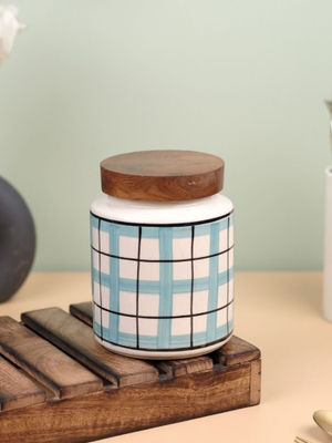 Buy VarEesha Aqua White Checkered Jar With Wooden Lid Online