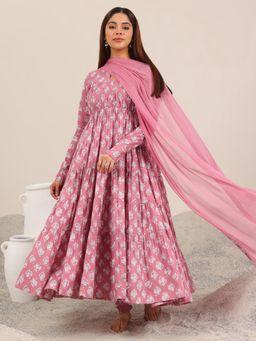 Buy Libas Purple Floral Printed Anarkali Kurta with Churidar and ...
