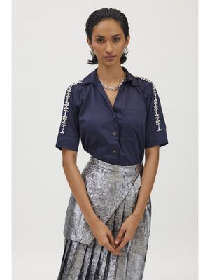 Buy Pallavi Swadi Navy Flower Swarovski Ribbon Shirt Online