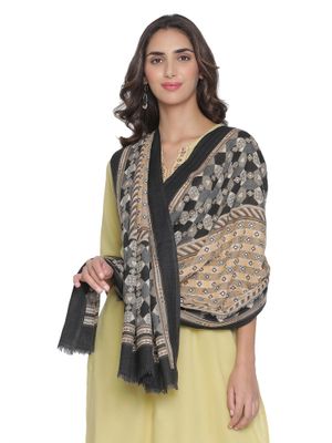 Buy Shingora 100 Wool Embroidered Fringed Border Black Shawl for Women ...