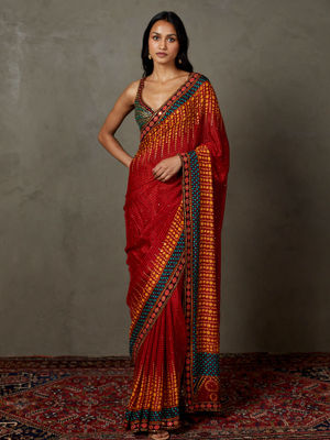 Buy RI.Ritu Kumar Berry Red Multi Ari with Tikki-H Emb Petunia Saree ...
