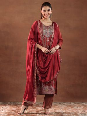 Buy Libas Rust Floral Woven Design Straight Kurta With Pant & Dupatta ...