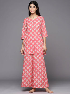 Buy Libas Pink cotton floral printed kurti with cotton printed pyjamas ...