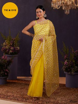 Buy Gajra Gang Rangeen Gypsy Yellow Leheriya & Chevron Organza Saree ...