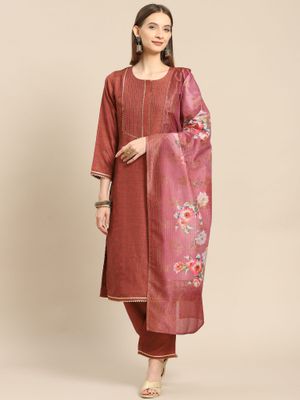 Buy Gerua By Libas Rust Printed & Yoke Design Silk Blend Straight Kurta ...