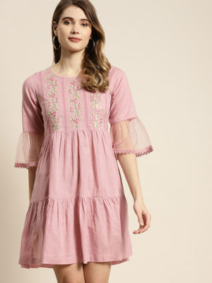 Buy Juniper Blush Pink Floral Printed Cotton Slub Tiered Short Dress ...