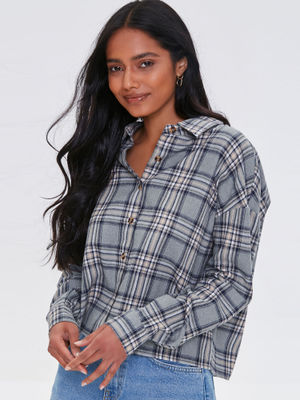 Buy Forever 21 Multi-Color Checks Plaid Drop-Sleeve Shirt Online