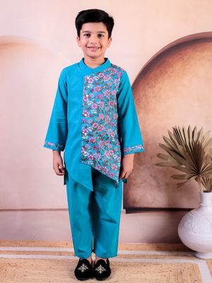 Buy Junitos Boys Pure Cotton Printed Kurta & Pyjama Turquoise (Set of 2 ...