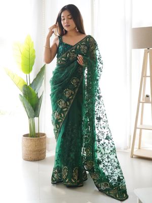 Buy Akhilam Women's Net Green Embellished Designer Saree with Unstitched Blouse Online