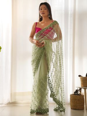 Buy Akhilam Women's Net Light Green Embellished Designer Saree with Unstitched Blouse Online