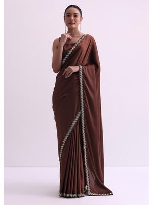 Buy KALKI FASHION Coffee Brown Satin with Salli Work Fabric Saree with ...