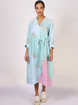 Buy Pashma Women Floral Linen Turquoise Midi Dress Online