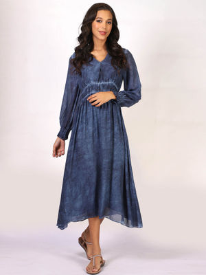 Buy Pashma Women Printed Cotton Navy Blue Midi Dress Online