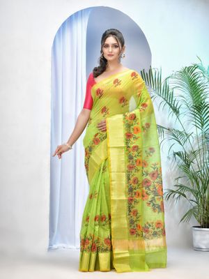 Buy DESH BIDESH Green Women Tant Cotton Silk Handloom Flower Print ...