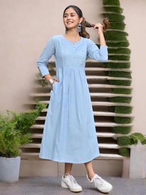 Buy Aravalii Sky Blue Shamre Cotton Dress (S) Online