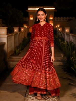 Buy Juniper The Mahautsawam Maroon Ethnic Motif Printed Georgette Dress ...
