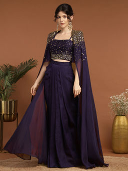 Buy RIRASA Upendra Organza Wine Bustier with Drape Skirt and Cape (Set ...