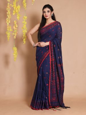 Buy CHARUKRITI Navy Blue Cotton Woven Jamdani Designs Saree with ...
