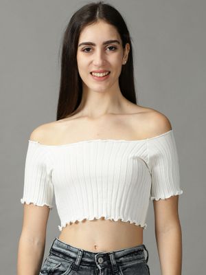 Buy SHOWOFF Womens Off Shoulder Neck Fitted Solid White Crop Top Online