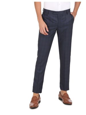 Arrow Formal Trousers : Buy Arrow Men Navy Flat Front Checked Formal ...