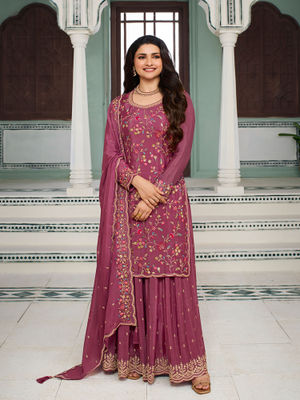 Buy Seerat Pink Embroidered Chinon Kurta with Sharara and Dupatta (Set ...