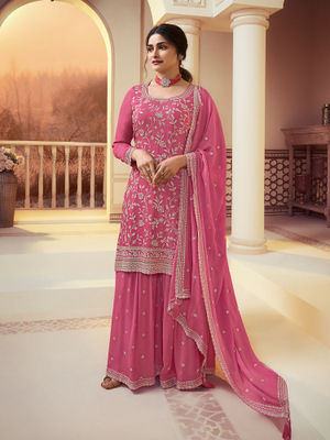 Buy Seerat Pink Embroidered Chinon Kurta with Sharara and Dupatta (Set ...
