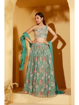 Buy Suruchi Parakh Womens Green Floral Print Blouse and Lehenga with ...