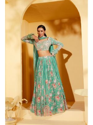 Buy Suruchi Parakh Womens Green Floral Print Blouse with Lehenga and ...