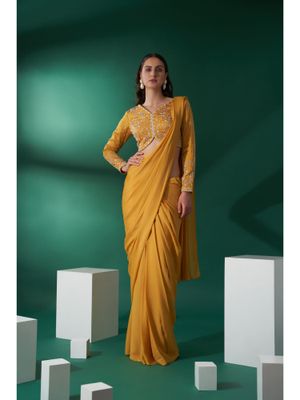 Buy Suruchi Parakh Mustard Embroidered Pre Drape Saree and Blouse with ...