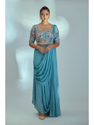 Buy Suruchi Parakh Blue Embroidered Pre Drape Saree with Stitched ...
