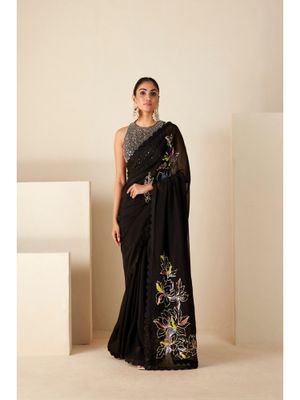 Buy Suruchi Parakh Black Embroidered Saree with Petticoat and Blouse ...