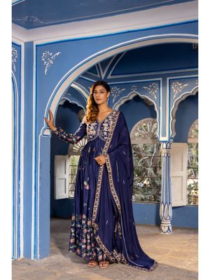 Buy Suruchi Parakh Womens Navy Blue Embroidered Anarkali Kurta and ...