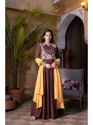 Buy Suruchi Parakh Womens Brown Embellished Anarkali Kurta and Dupatta ...