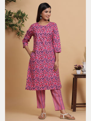 Buy MIRARI Pretty Pink Jaipuri Printed Straight Fit Kurta online