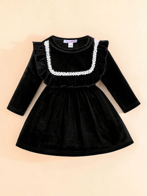 Buy Hopscotch Black Velvet Ruffle Trim Casual Dress (6-9 Months) Online